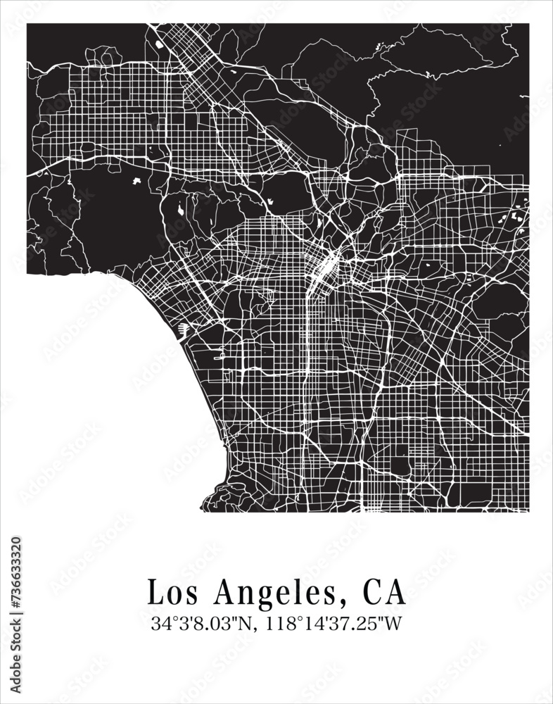 Los Angeles city map. Travel poster vector illustration with ...