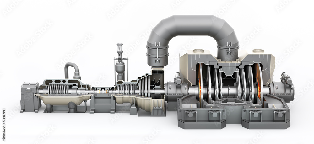 Steam turbine in section on a white background. Shaft with impellers ...