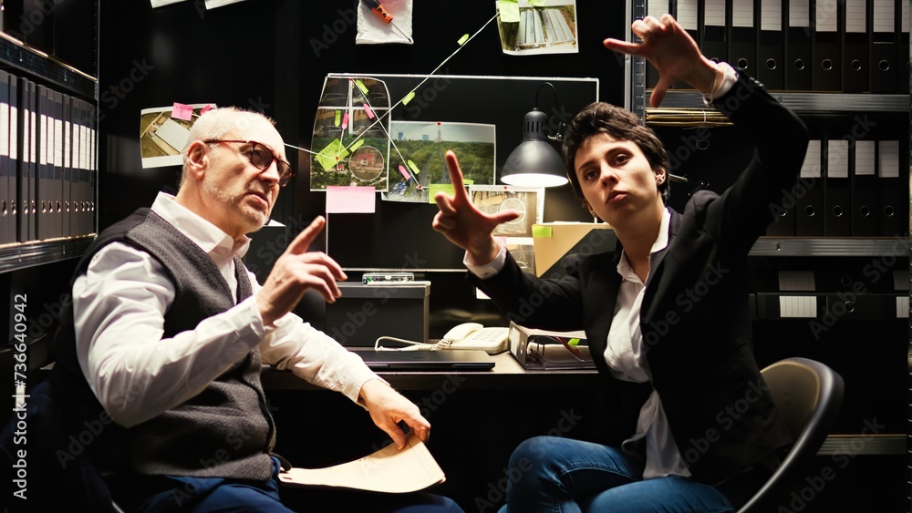 Partners reviewing AR hologram, analyzing surveillance footage on ...