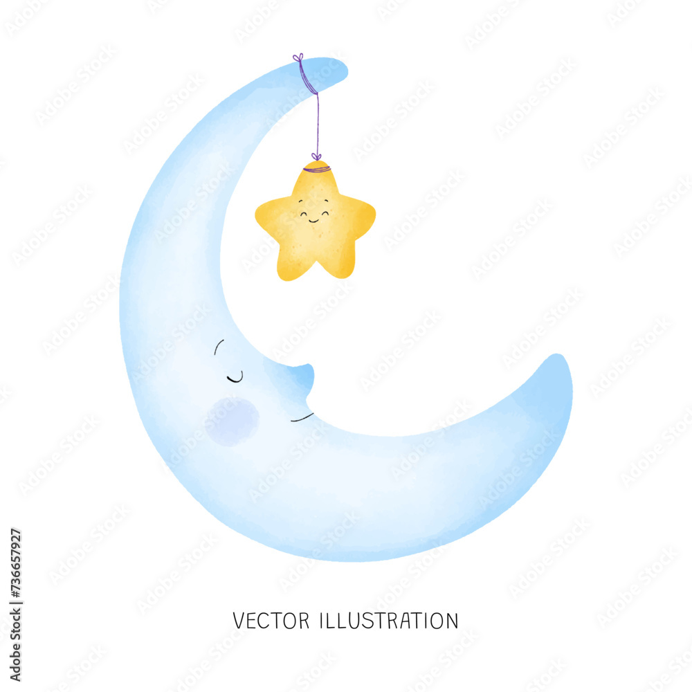 Moon and Star Watercolor Illustration Hand Drawing Stock Vector | Adobe ...