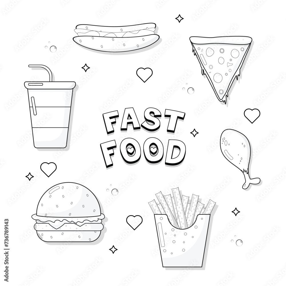 Set of fast food, colour less fast food, stickers, colouring page for ...