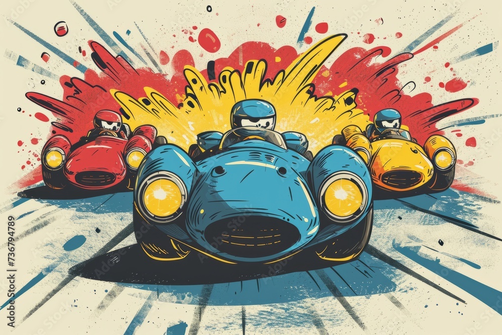 Cartoon cute doodles of a group of racecars revving their engines ...