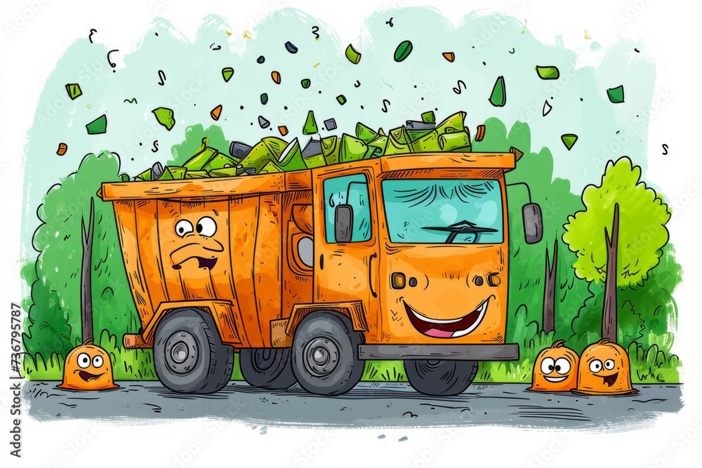 Cartoon cute doodles of a friendly garbage truck on its route, with ...