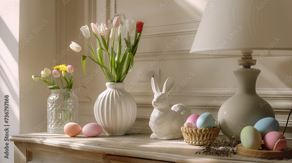 Interior design of easter dining room with colorful eggs, white hare ...