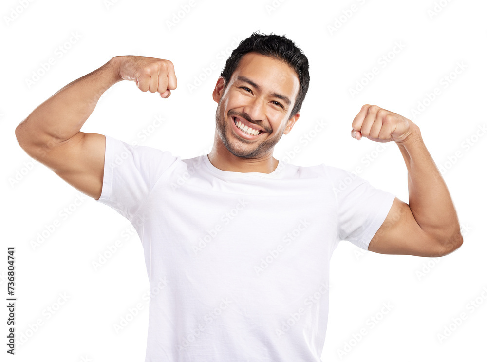 Man, muscle and champion in portrait, flexing biceps for fitness and ...