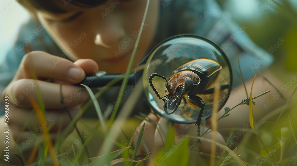Curious child exploring nature with magnifying glass. discovering ...