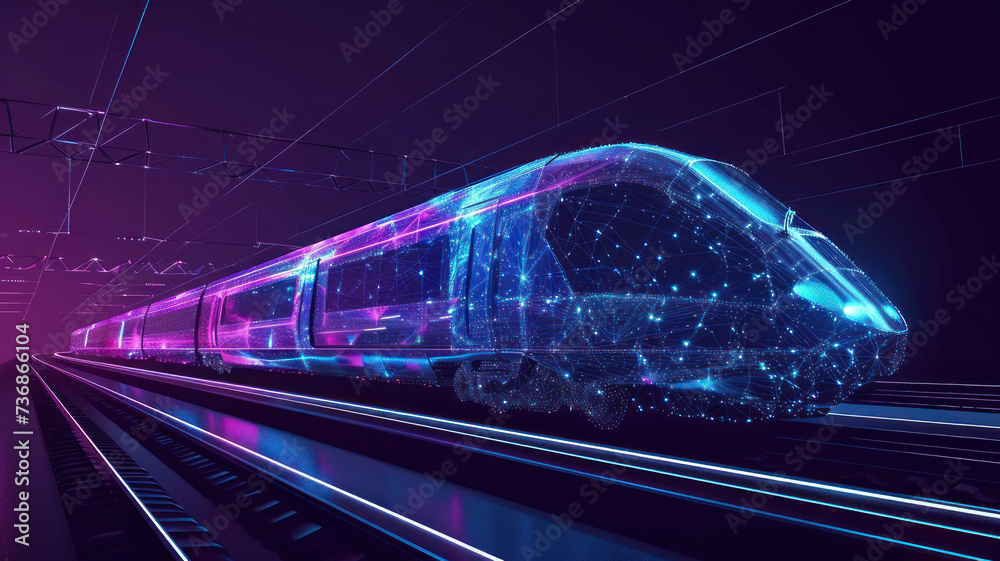 Digital low poly wireframe futuristic high-speed train. Future logistics modern technology ...