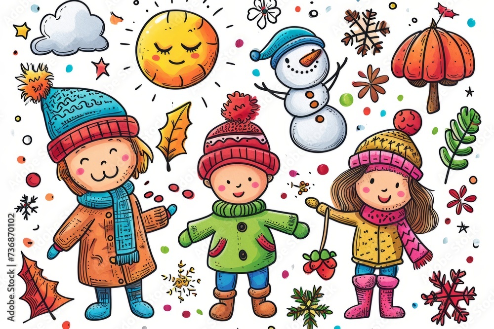 Cartoon cute doodles of characters experiencing the changing seasons ...