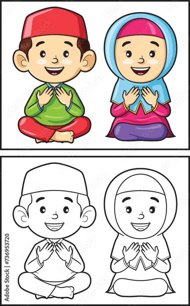 Coloring book cute Muslim kids sitting while pray. Coloring page and ...