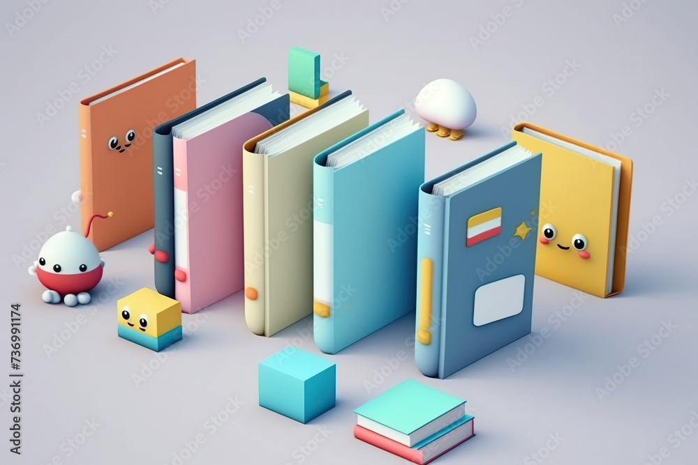 Cartoon assortment of books standing upright and stacked on shelves ...