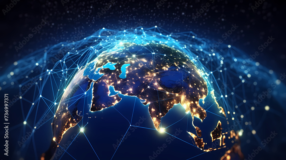 Polygonal mesh network map of the world with lines and points, points ...