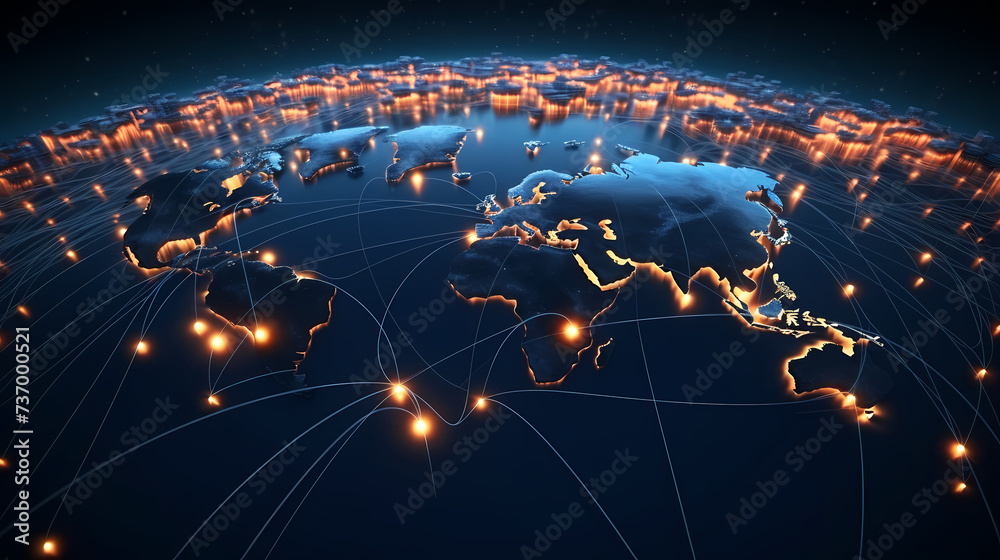 Polygonal mesh network map of the world with lines and points, points ...