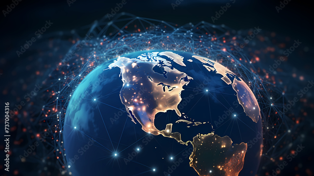 Polygonal mesh network map of the world with lines and points, points ...
