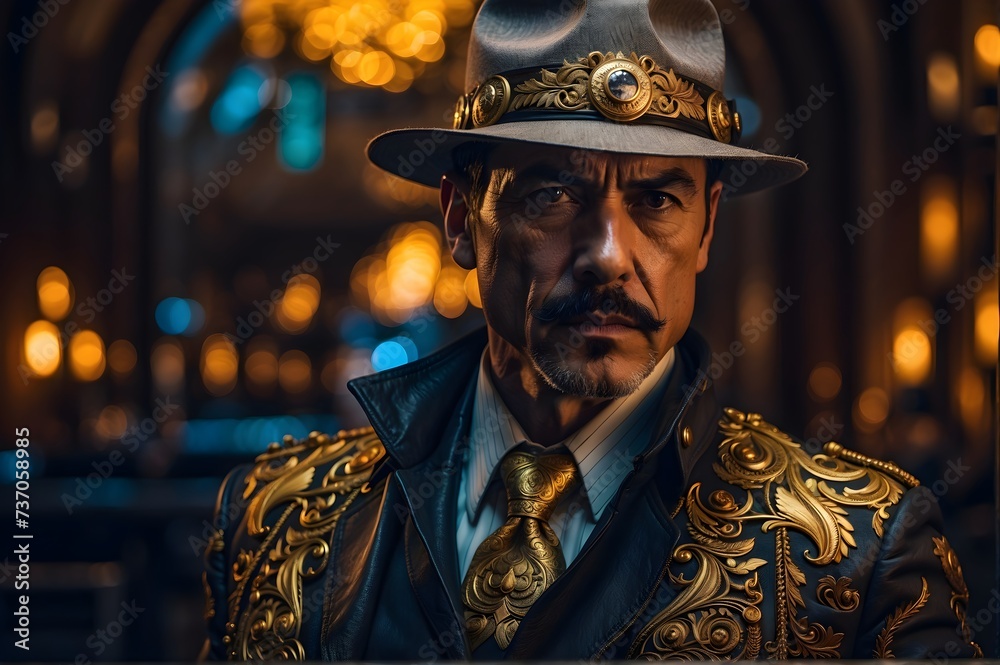 Close up of Sci Fi middle age Detective on a mission. Dressed in steam ...