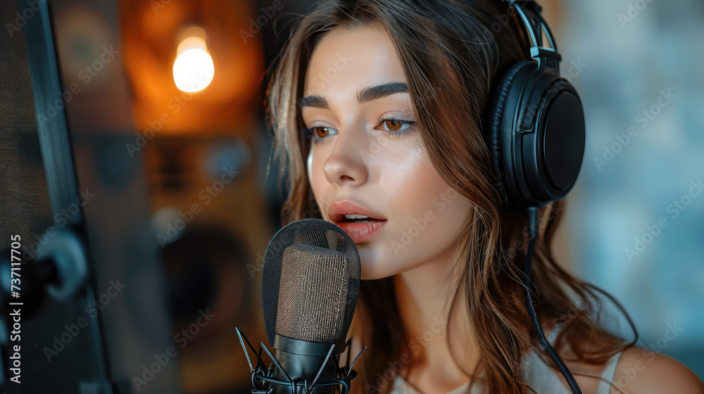 beautiful young woman sings into a microphone in a recording studio ...