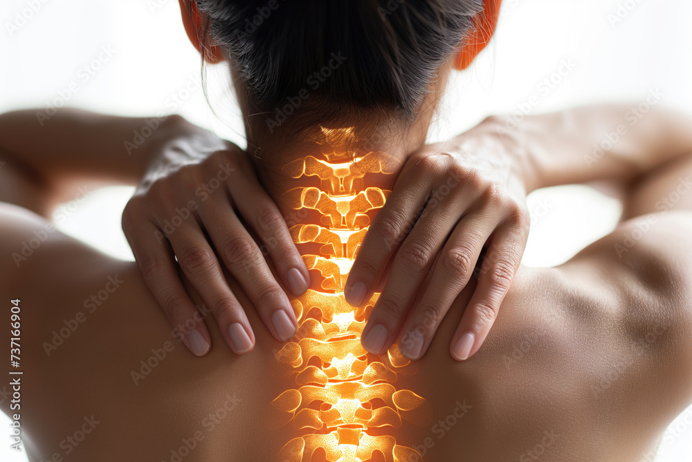 Hernia of the cervical spine, neck pain, woman suffering from backache ...
