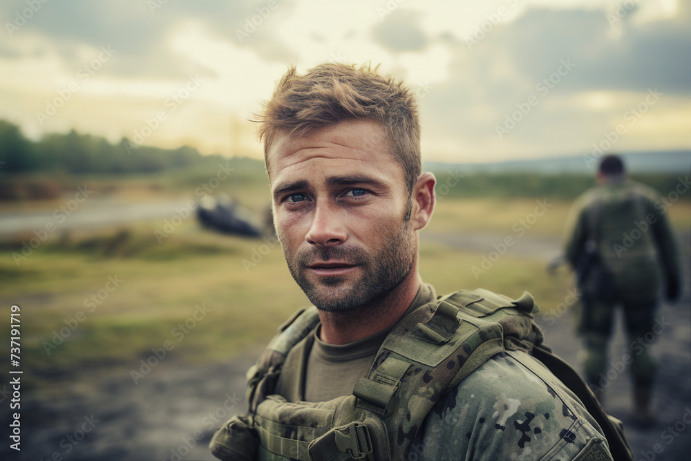 Special forces soldier equipped with armor and weapon fighting on ...