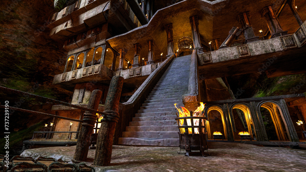 Stone steps leading to an upper level in a fantasy underground dwarf ...