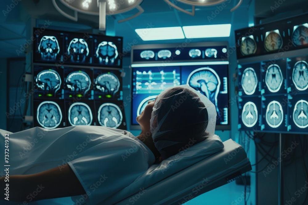 Doctor reading mri brain scan on screen in modern interior hospital ...