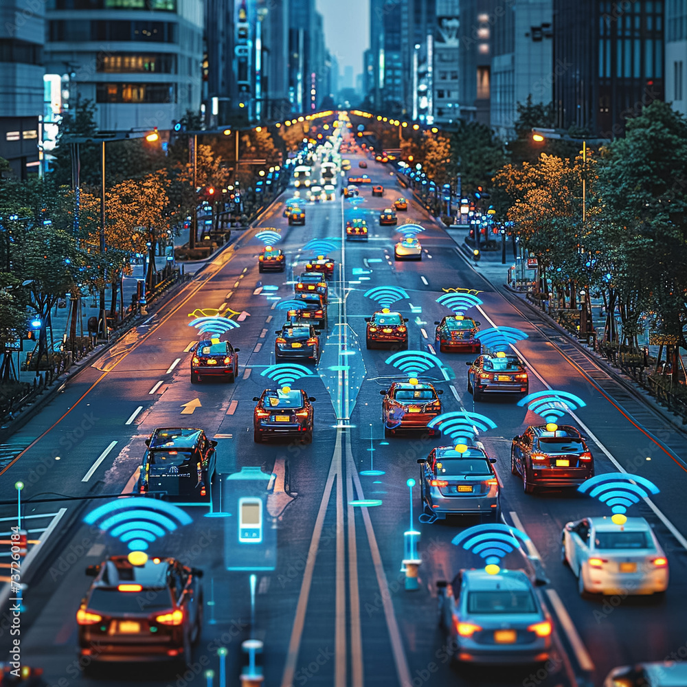 Create an image of a fleet of smart cars in a highly connected smart ...