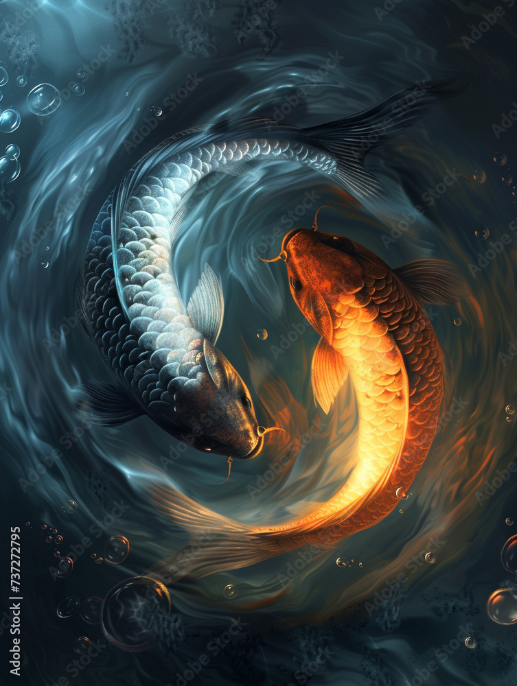 An abstract depiction of yin and yang as glowing fish their scales ...