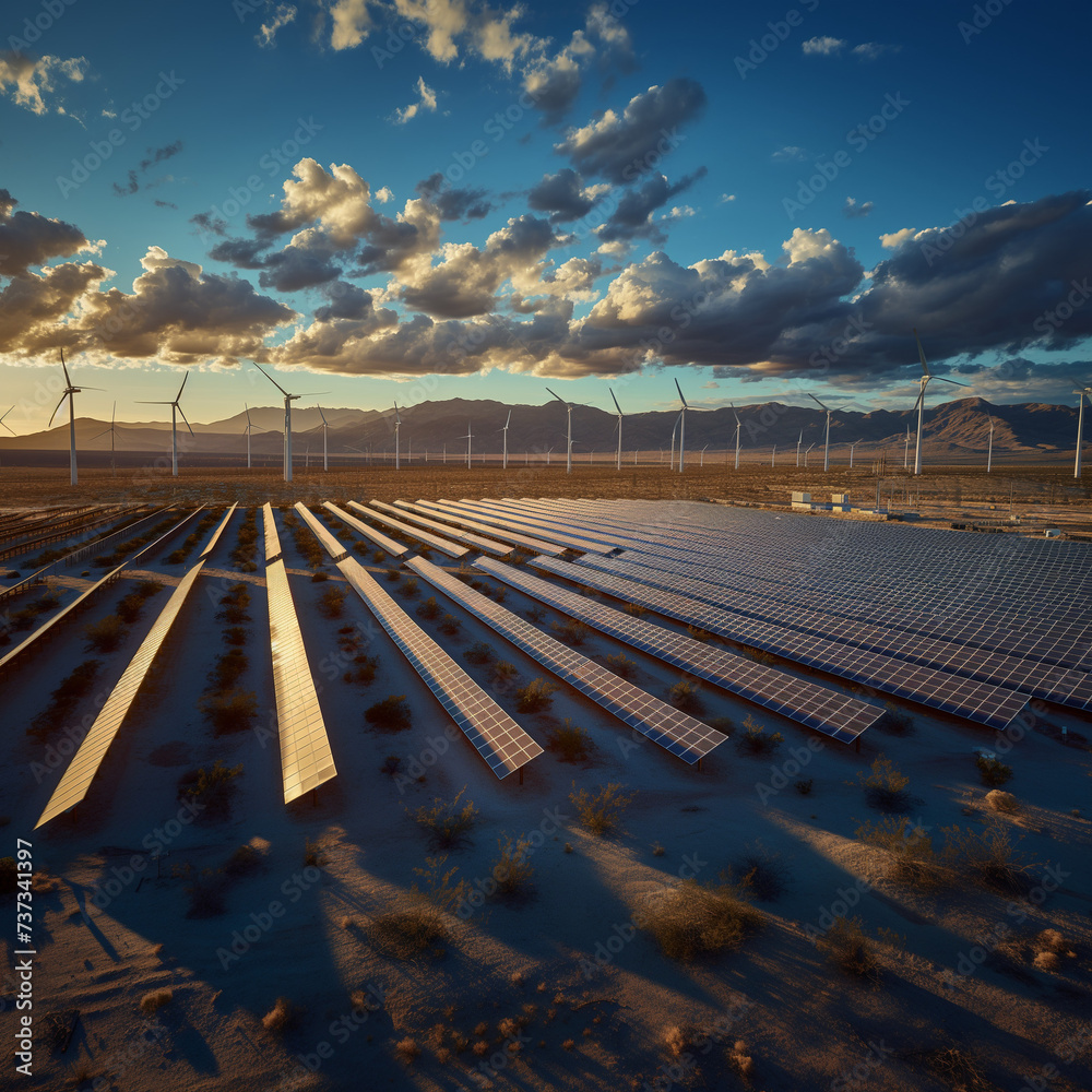 Solar and Wind Farm In Desert. Solar panels lined on the ground with ...