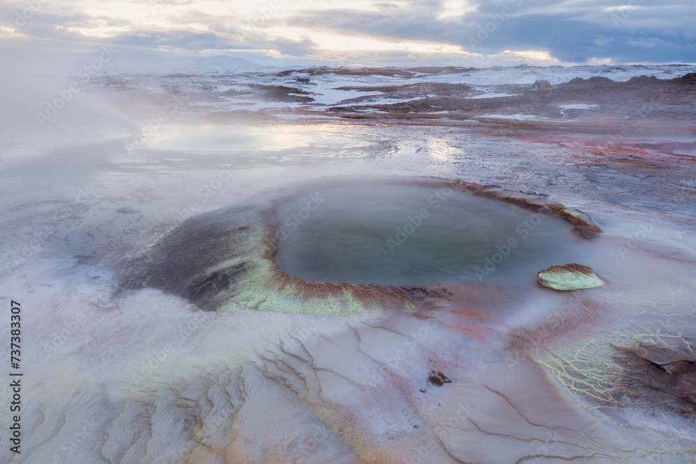 Pastel coloured geothermal hot spring in Hveravellir Nature reserve in ...