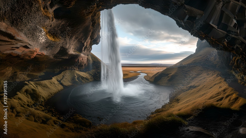 Majestic waterfall viewed from a cave's mouth. natural wonder, serenity ...