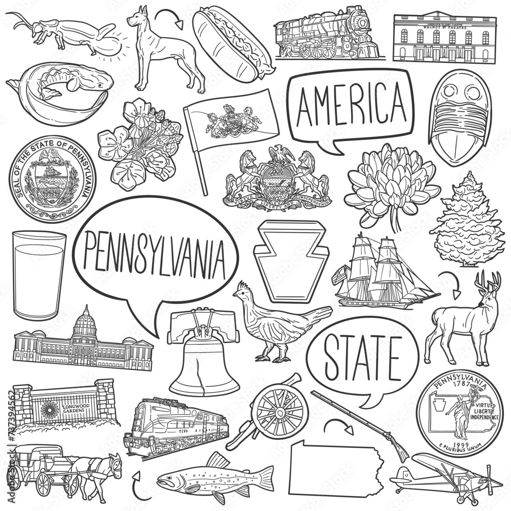 Pennsylvania Doodle Icons Black and White Line Art. USA State Clipart ...