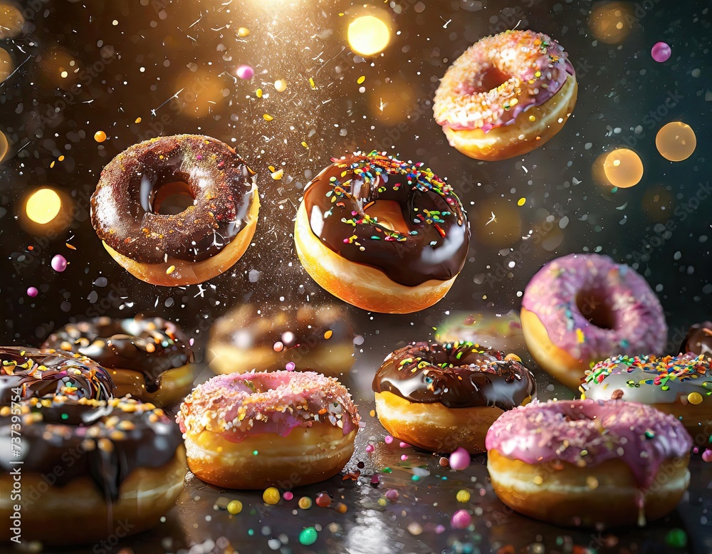 Donuts falling advertising shooting; a series of photos from above in ...