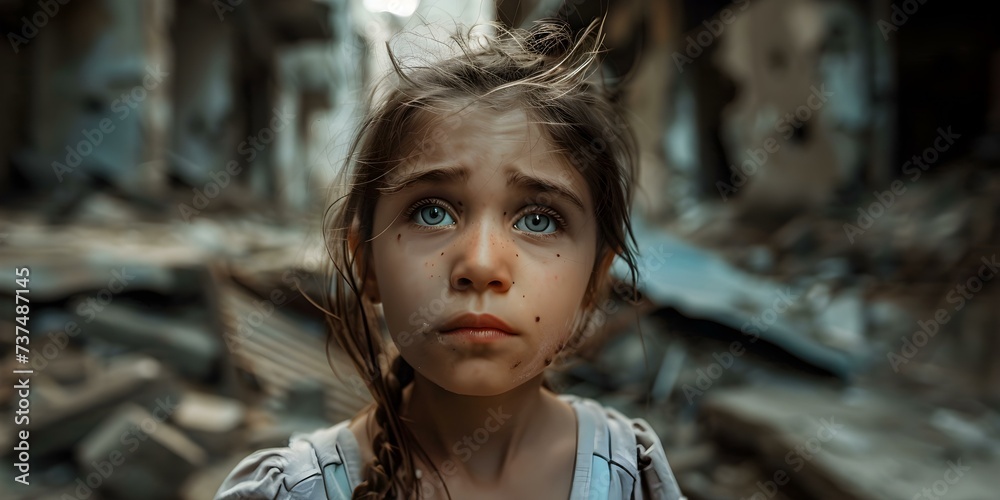 Emotional portrait of young girls amidst warravaged ruins shedding ...