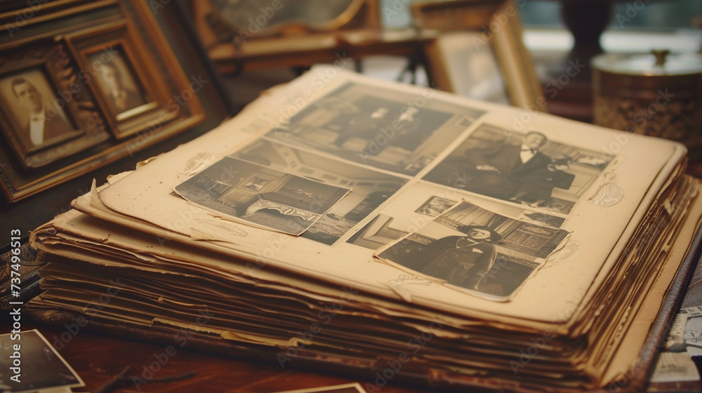 Nostalgia: An old photograph album open on a table, with sepia-toned ...