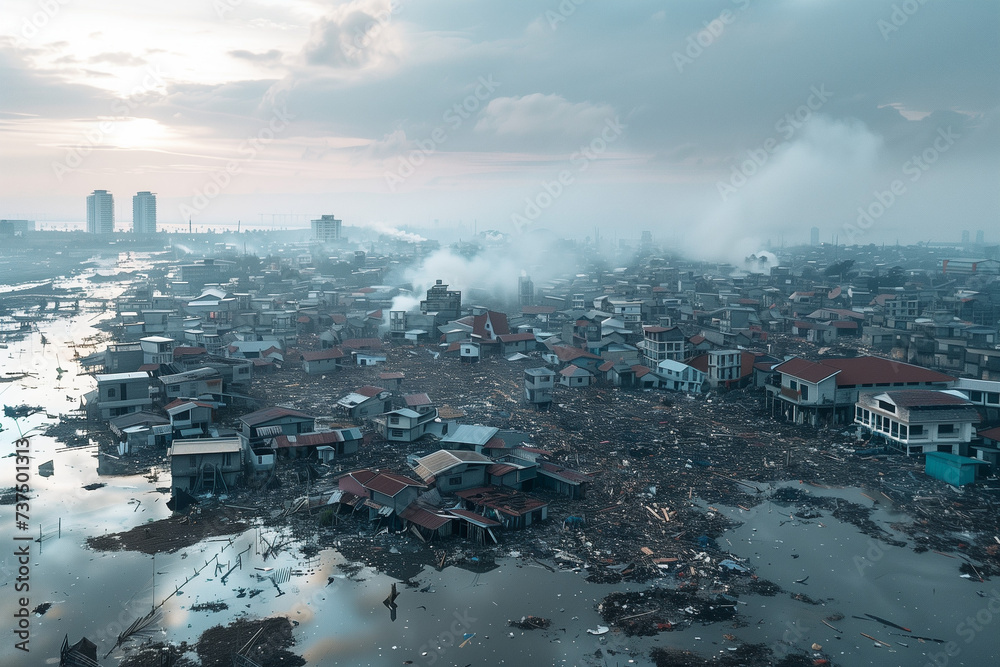 Polluted landscape with water contamination and littered garbage in a ...