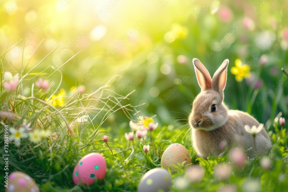 Happy Easter Eggs Basket chuckling. Bunny in flower easter Springtime ...