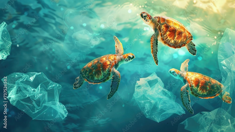 Plastic pollution in ocean environmental problem. Turtles can eat ...