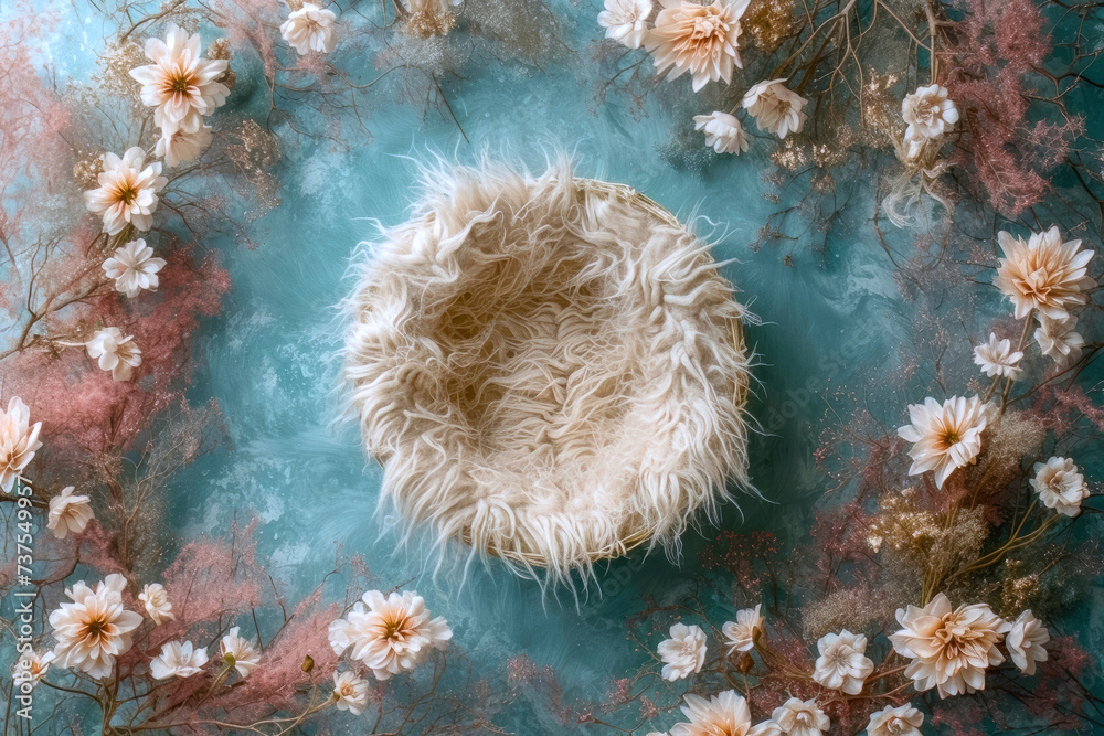 Newborn Floral digital backdrop. Moses basket, fur nest, featherbed ...