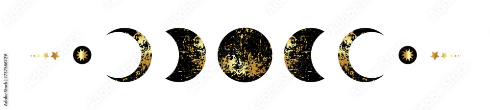 Moon Phases border frame in black and gold foil texture, wicca banner ...