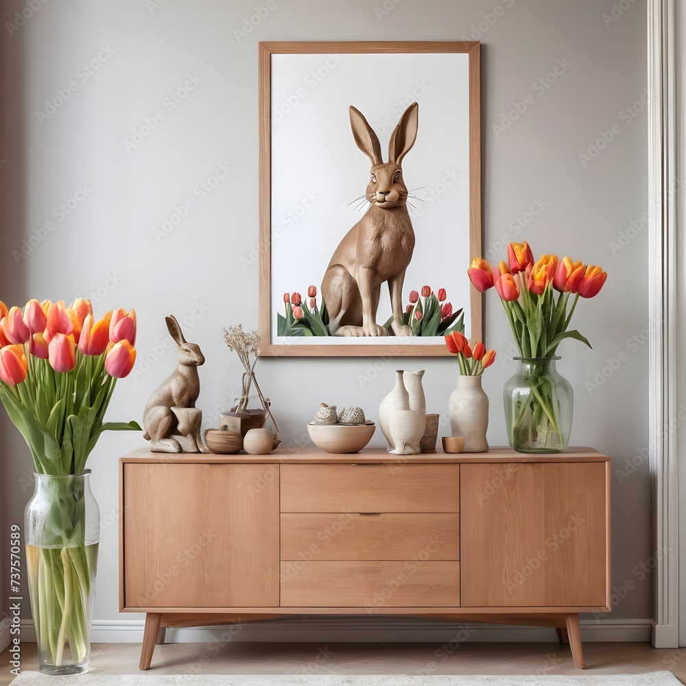 Interior design of spring living room interior with mock up poster ...