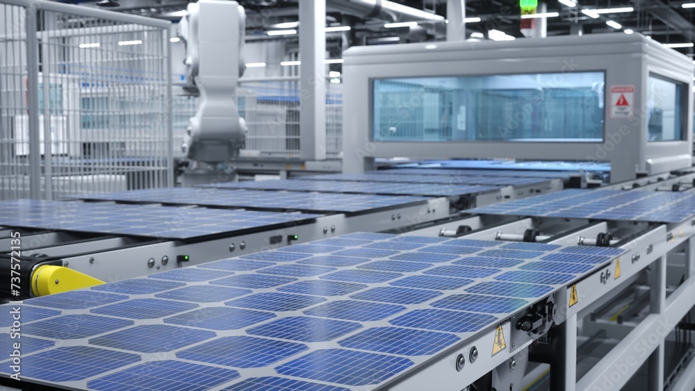 Solar panel factory with industrial robot arms placing PV modules on ...