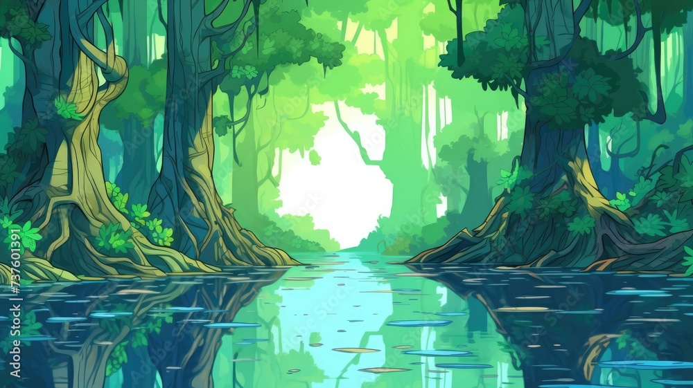 cartoon river flowing between old trees with green foliage and lianas ...