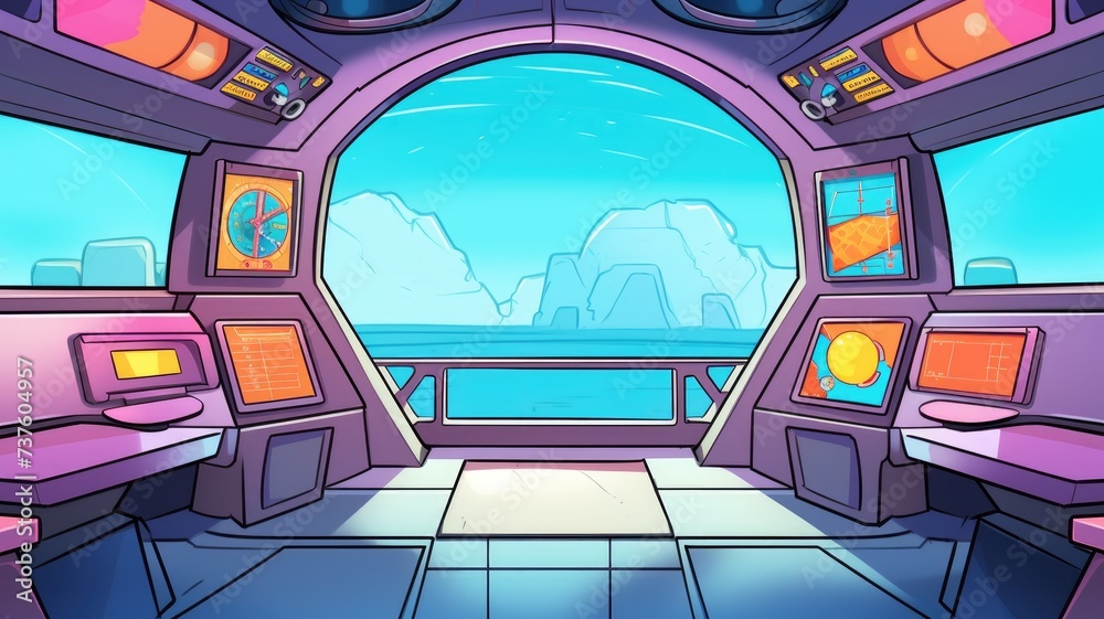 cartoon Spaceship interior, cockpit view inside. futuristic safety ...