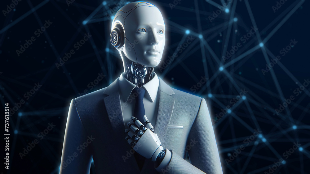 humanoid robot Futuristic humanoid robot is On a office background 3D ...