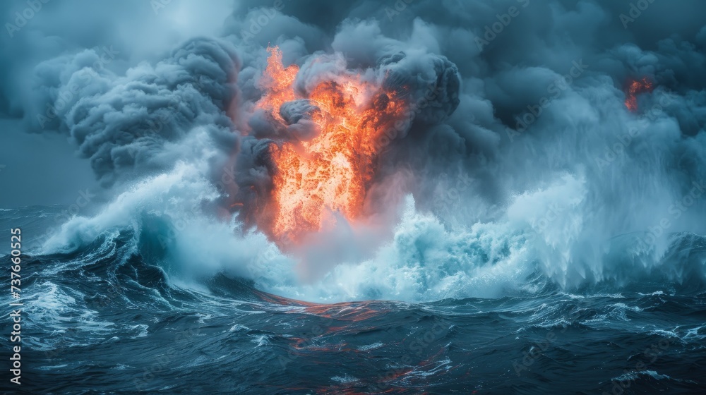 A dramatic scene where a roaring fire meets the crashing waves of the ...