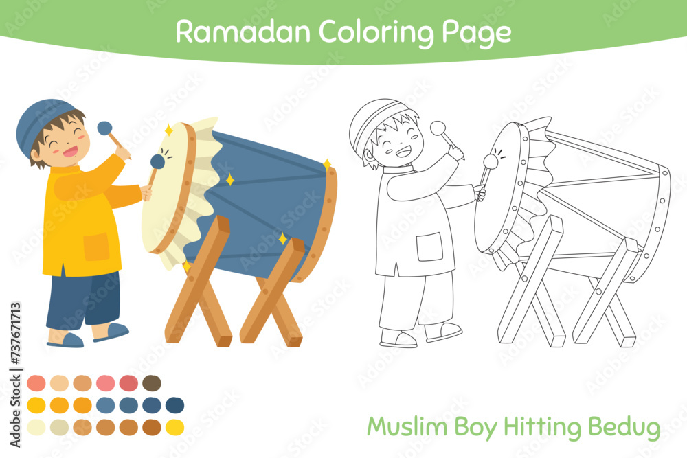 Praca wektorowa bez tantiem: Cute happy muslim boy hitting bedug ...