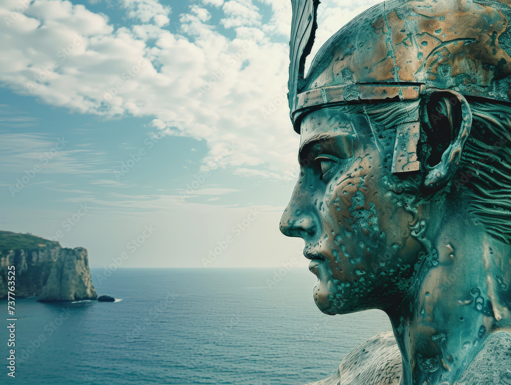 An ancient warrior statue overlooks the sea its gaze fixed on the ...