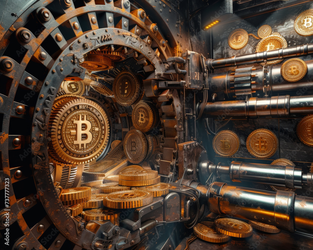 Steampunk vault with mechanical gears moving gold coins and bitcoins in ...