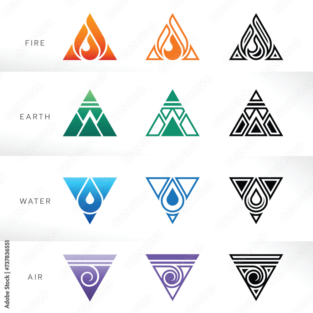 4 Elements of nature - fire earth water and air with triangle icon ...