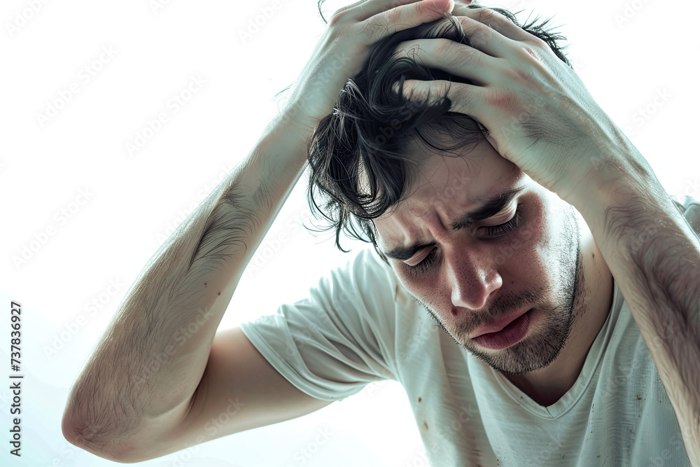 Stress, person stressful face, upset scared looking anxious with ...