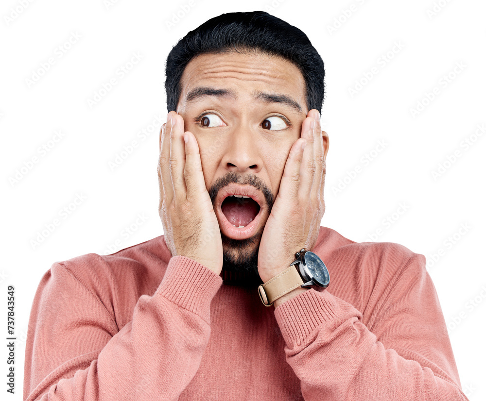 Wow, surprise and face of man with gossip and shocked for announcement ...