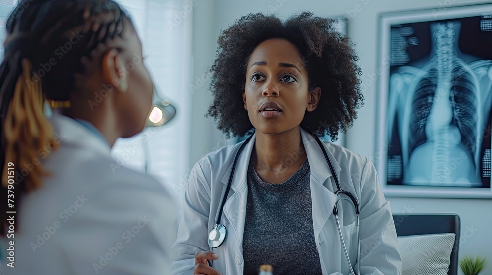 African American woman doctor explaining issues to patient abouth ...